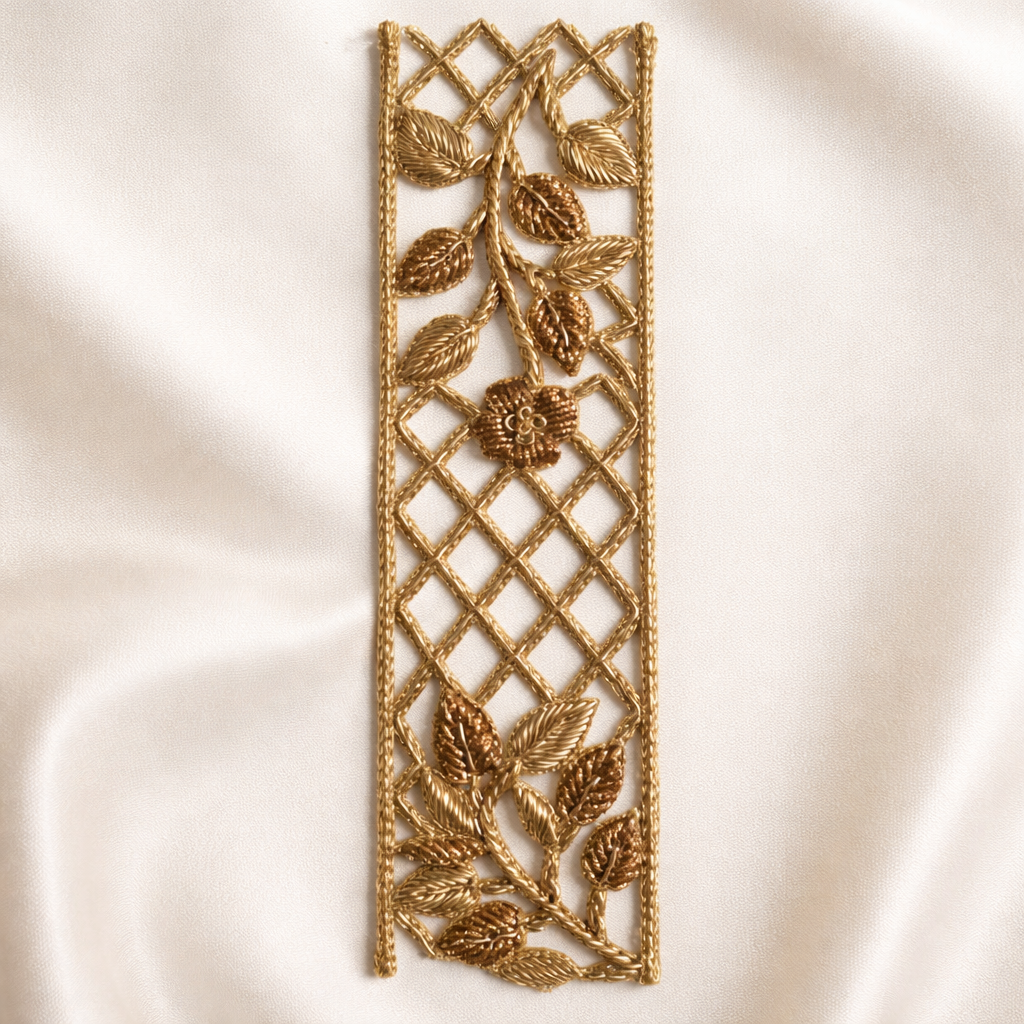 Handcrafted Zardozi Jaali Vine Embroidered Border Lace with Metallic T ...
